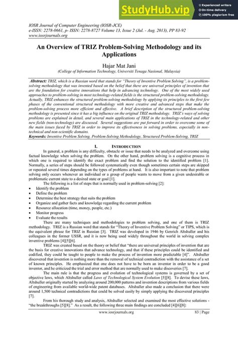 An Overview Of Triz Problem Solving Methodology And Its Applications Pdf