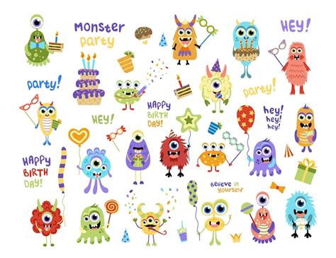몬스터 생일 파티 큰 세트 플랫 만화 벡터 프리미엄 벡터