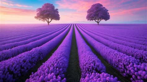 Lavender Field At Sunset Serene Landscape With Purple Flowers And Trees