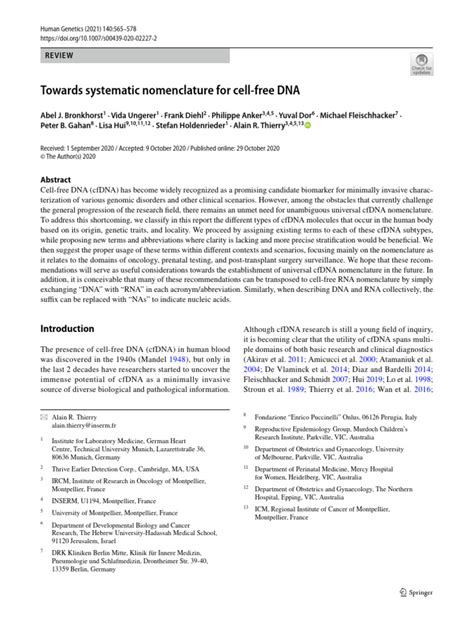 Towards Systematic Nomenclature For Cell‑free Dna Pdf Dna Nucleic Acids