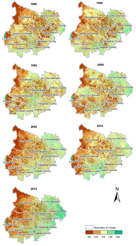 Spatial Pattern Of Desertification In Mu Us Desert From 1986 To 2015 Download Scientific