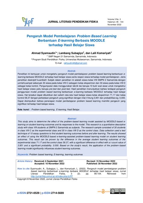Pdf Pengaruh Model Problem Based Learning Berbantuan E Learning Berbasis Moodle Terhadap Hasil