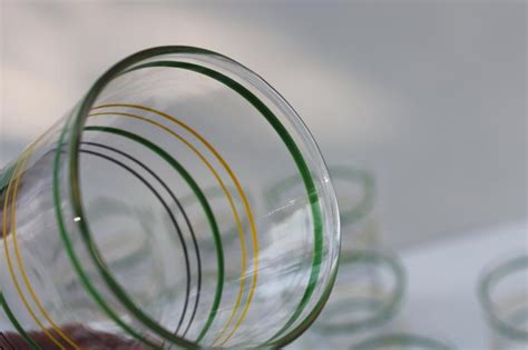 1930s Vintage Jade Green Yellow Black Ring Band Drinking Glasses Depression Glass Tumblers