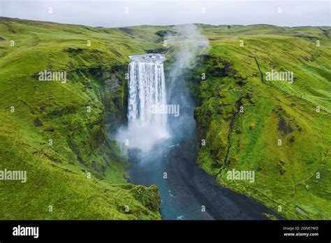Aerial Drone View Of Skogafoss Waterfall In Iceland One Of The Most
