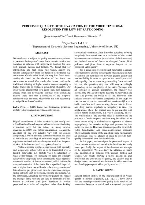 Pdf Perceived Quality Of The Variation Of The Video Temporal Resolution For Low Bit Rate Coding