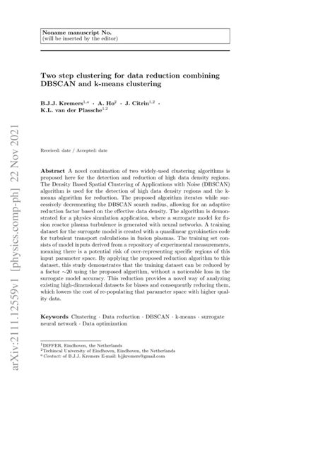 Two Step Clustering For Data Reduction Combining Dbscan And K Means Clustering Deepai