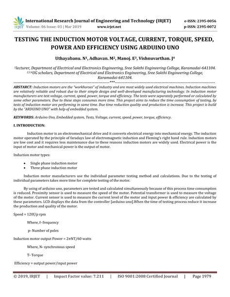 Irjet Testing The Induction Motor Voltage Current Torque Speed Power And Efficiency Using