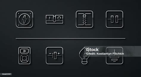 라인 번개 음악 플레이어 전해 콘덴서 잎이 있는 전구 Dc 전압 소스 전등 스위치 전기 기호 접지 및 변압기 아이콘을 설정합니다