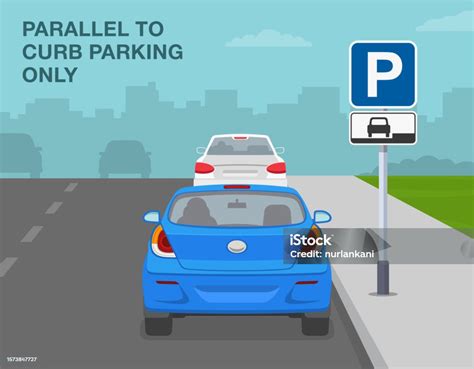 야외 주차 요령 및 규칙 도시 도로에 주차된 자동차의 뒷모습 연석 주차 전용 표지판 벡터 그림 템플릿입니다 등에 대한 스톡 벡터 아트 및 기타 이미지 Istock