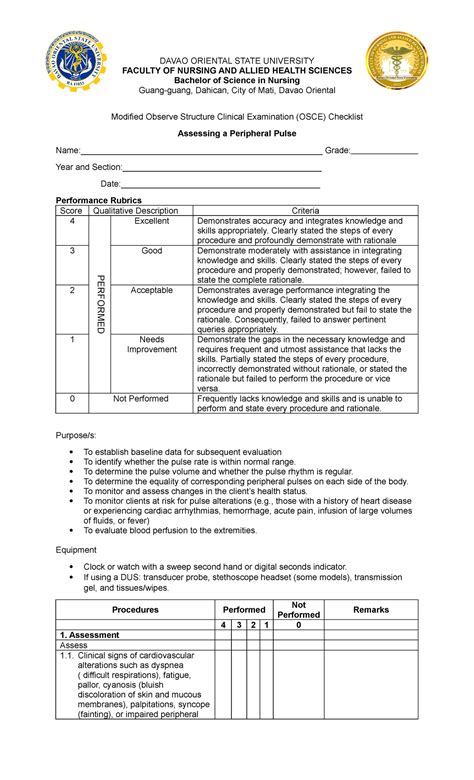 Assessing Peripheral Pulse By Palpation Checklist Davao Oriental State University Faculty Of
