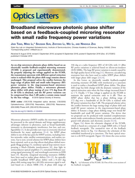 Pdf Broadband Microwave Photonic Phase Shifter Based On A Feedback Coupled Microring Resonator