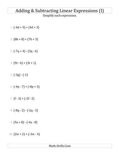 Adding And Subtracting And Simplifying Linear Expressions I