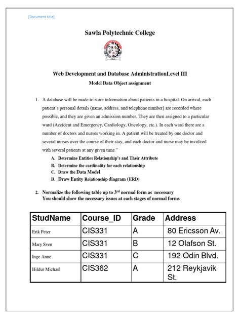 model data object assignment pdf