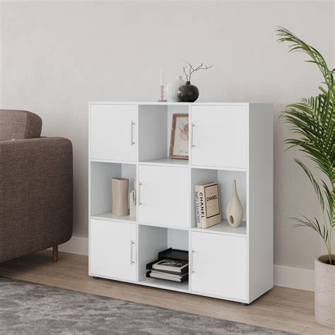 White 9 Cube Shelving Unit With Gloss Doors And Metal Handles