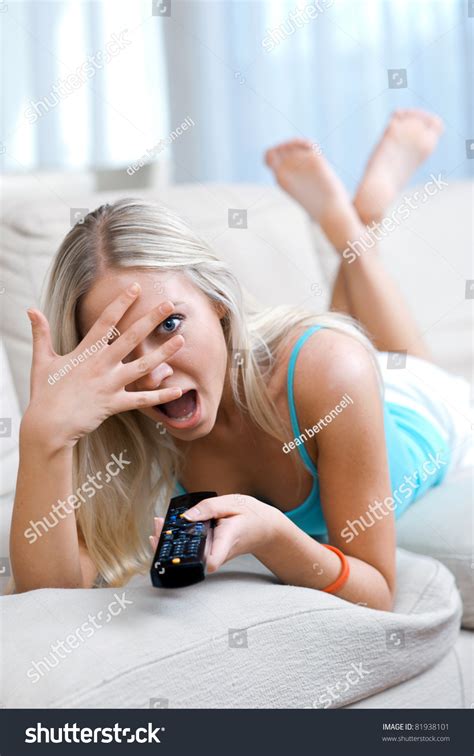 Attractive Woman Remote Control Making Expression Stock Photo 81938101 Shutterstock