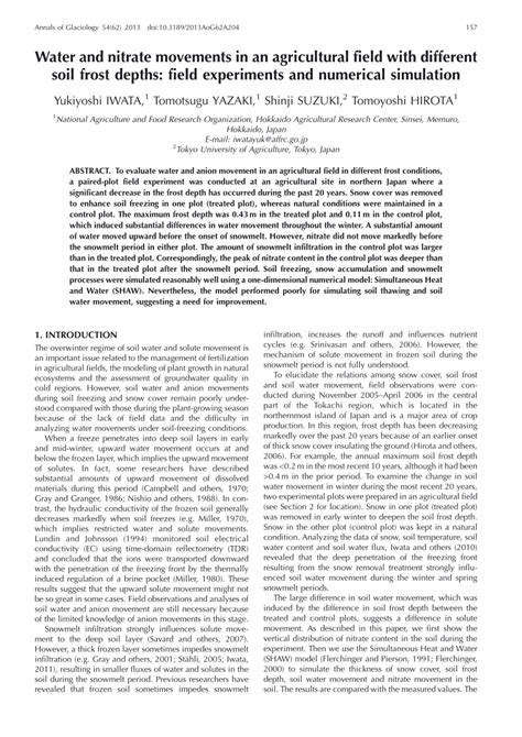 Pdf Water And Nitrate Movements In An Agricultural Field With