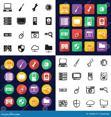 Computer Repair Or Computer Service Icons All In One Icons Black White Color Flat Design