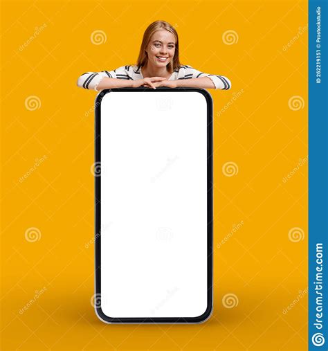 Cool App Smiling Young Woman Leaning At Big Smartphone With Blank Screen Stock Image Image Of