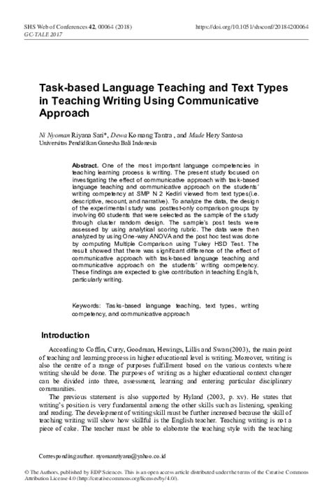 Pdf Task Based Language Teaching And Text Types In Teaching Writing