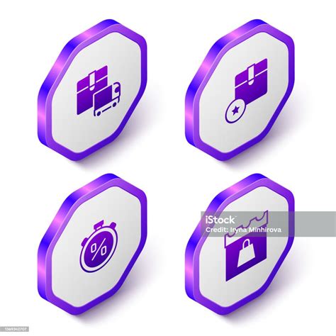등분 배달화물 트럭 판지 골판지 상자 스톱워치 할인 및 쇼핑 데이 아이콘을 설정합니다 보라색 육각 버튼 벡터 3차원 형태에 대한 스톡 벡터 아트 및 기타 이미지 Istock