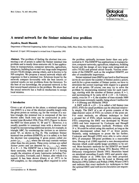 Pdf A Neural Network For The Steiner Minimal Tree Problem