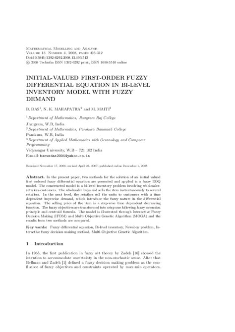 Pdf Initial Valued First Order Fuzzy Differential Equation In Bi Level Inventory Model With