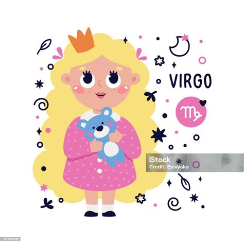 처녀자리 조디악 기호가 있는 다채로운 카드입니다 점성술 별자리 기호를 가진 어린이 캐릭터 손으로 그린 벡터 일러스트 레이 션