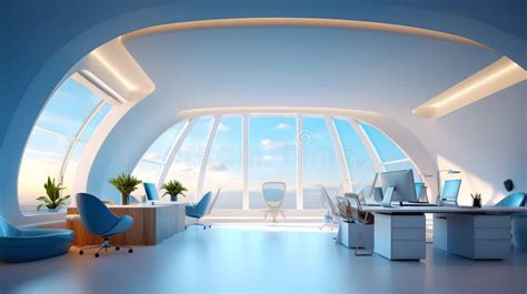 Modern Futuristic Interior Office Design With Warm Tones Of Blue