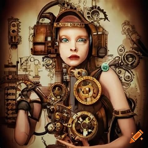 Steampunk Illustration Of Girl With Mechanical Elements On Craiyon