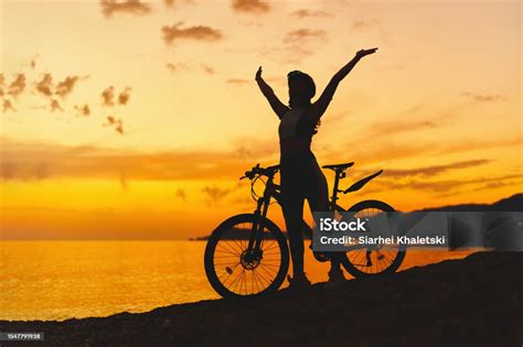 활동적인 한 명의 무료 행복 즐거운 평온한 영감을 받은 여성 자전거 타는 사람의 실루엣은 일몰 하늘을 배경으로 야외에서 자전거와 함께 혼자 서 있다 자전거 타기에 대한 스톡