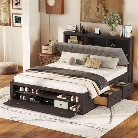 Merax Platform Bed Queen Size Wooden Bed Frame With Storage Headboard