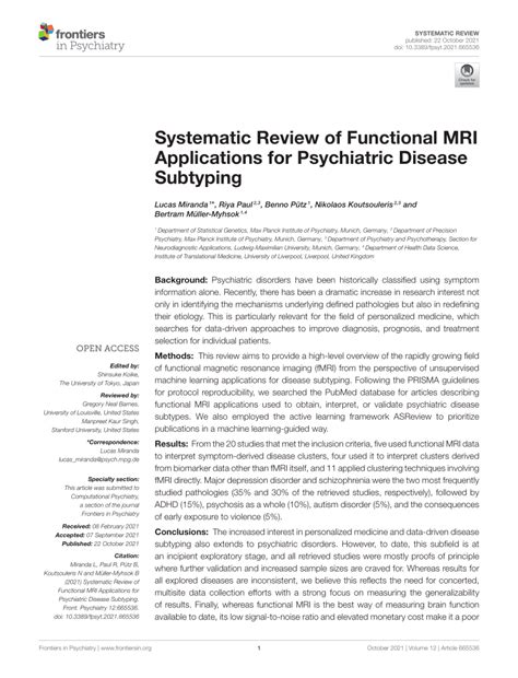 Pdf Systematic Review Of Functional Mri Applications For Psychiatric Disease Subtyping