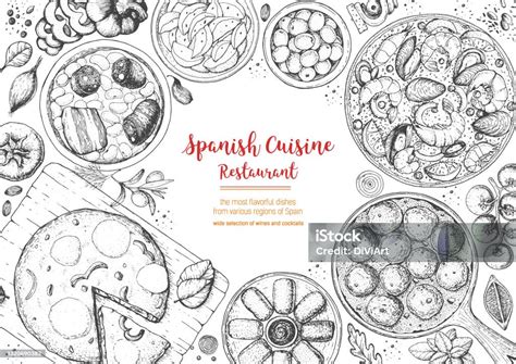 스페인 요리 탑 뷰 프레임 알본다디가스 토르티야 파바다 빠에야 크로켓과 함께 스페인 요리세트 음식 메뉴 디자인 템플릿입니다