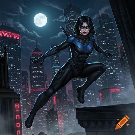 Blond Nightwing In A Black And Blue Costume Leaps Over A Dark City