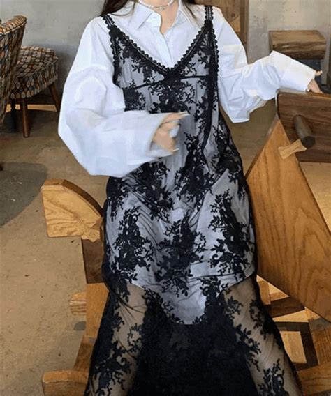 유니크 시스루 레이스 레이어드 븨스티에 롱 원피스 에이블리