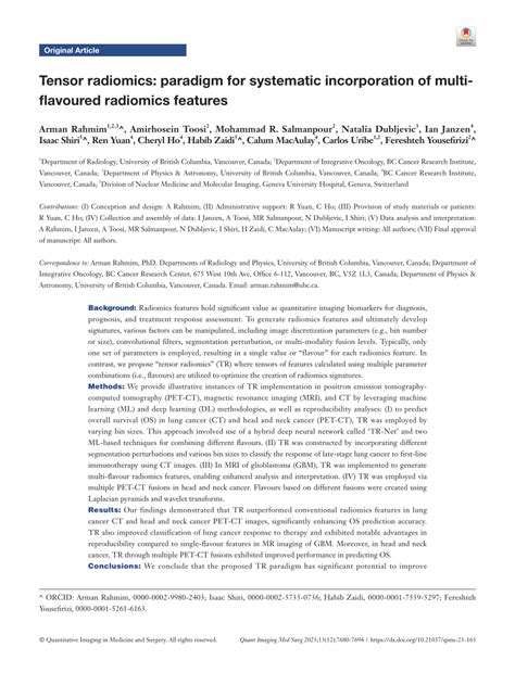 Pdf Tensor Radiomics Paradigm For Systematic Incorporation Of Multi