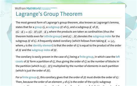Lagranges Group Theorem From Wolfram Mathworld