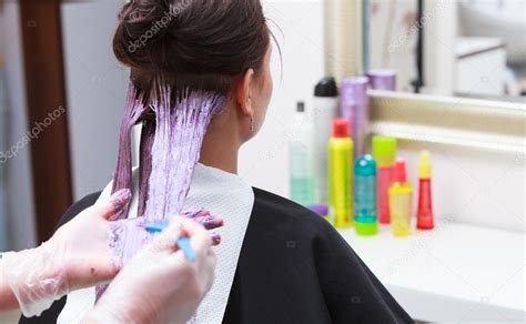 Hairdresser Applying Color Female Customer At Salon Doing Hair Dye Stock Photo Voyagerix