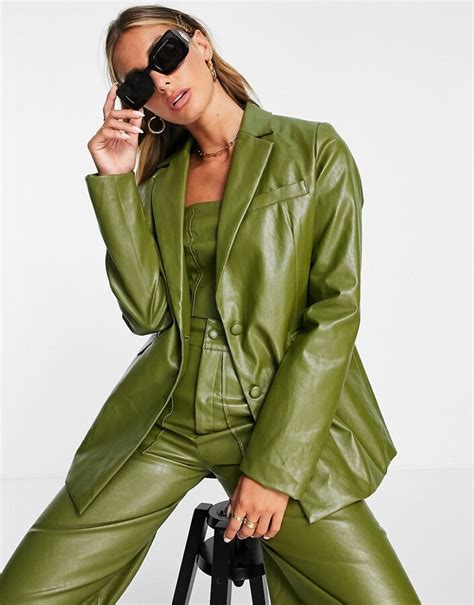 Extro Vert Oversized Blazer In Dark Green Faux Leather Part Of A