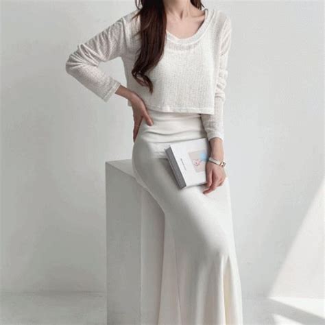 여름 크롭 니트 머메이드 나시 원피스 세트