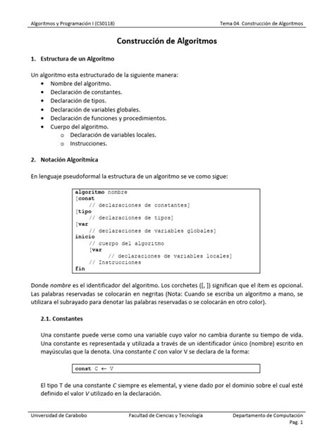 Lectura_ConstruccionDeAlgoritmos | PDF | Algoritmos | Variable ...