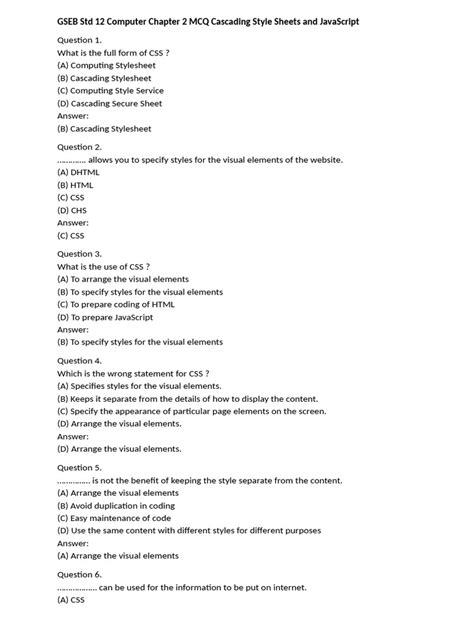 Gseb Std 12 Computer Chapter 2 Mcq Cascading Style Sheets And