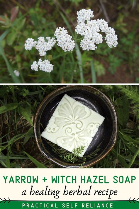 Some White Flowers And Soap In A Bowl On The Ground With Text Overlay That Reads Yarrow Witch