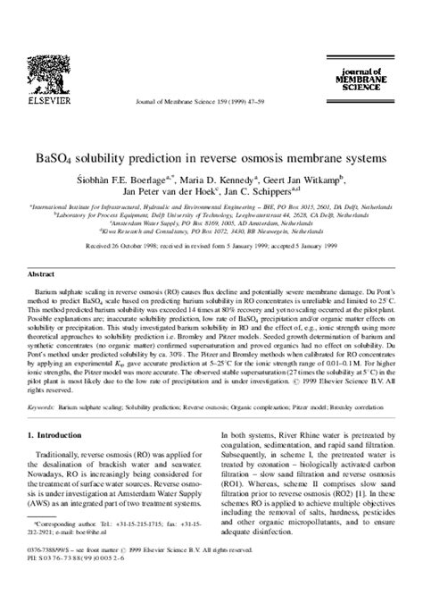 Pdf Baso4 Solubility Prediction In Reverse Osmosis Membrane Systems