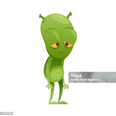 재미 있는 녹색 외계인 캐릭터는 슬픈 벡터 일러스트 레이 션을 느끼며 머리를 숙이고 서 있습니다 감정에 대한 스톡 벡터 아트 및 기타 이미지 Istock