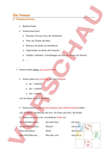 Arbeitsblatt Übersicht Nomen Deutsch Grammatik