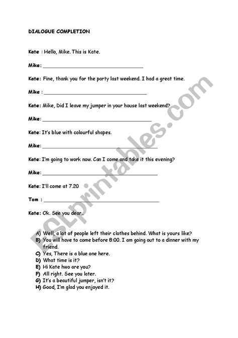 Dialogue Completion Worksheets Pdf 665 Dialogue English Esl Worksheets
