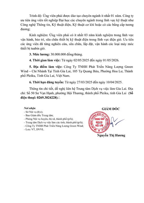 Thông báo tuyển dụng của Công Ty TNHH Phát Triển Năng Lượng Green Wind - TRUNG TÂM DỊCH VỤ VIỆC ...