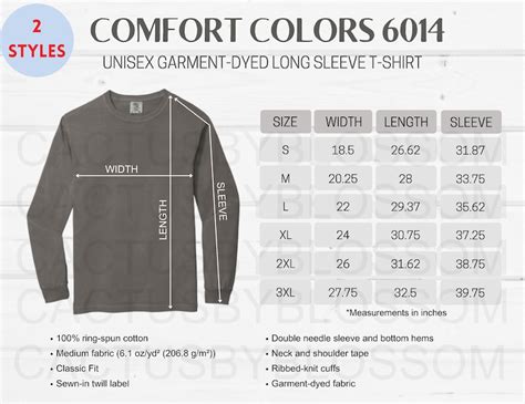2 Size Chart Comfort Colors 6014 Mockup Unisex Garment Dyed Ls T Shirt Etsy Listing Tool Mockup