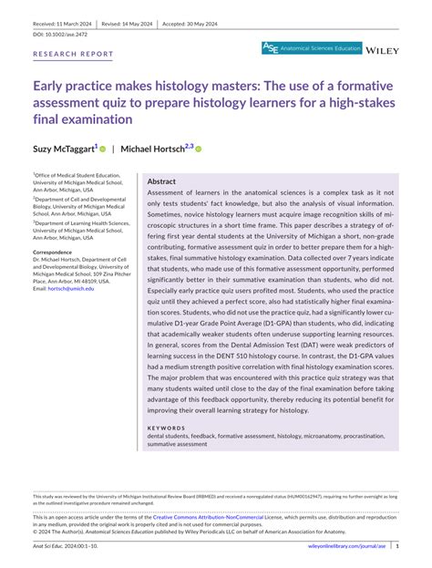 Pdf Early Practice Makes Histology Masters The Use Of A Formative Assessment Quiz To Prepare